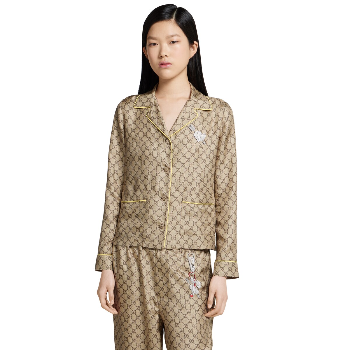 GG silk twill shirt with print in beige and dark brown | GUCCI® UK