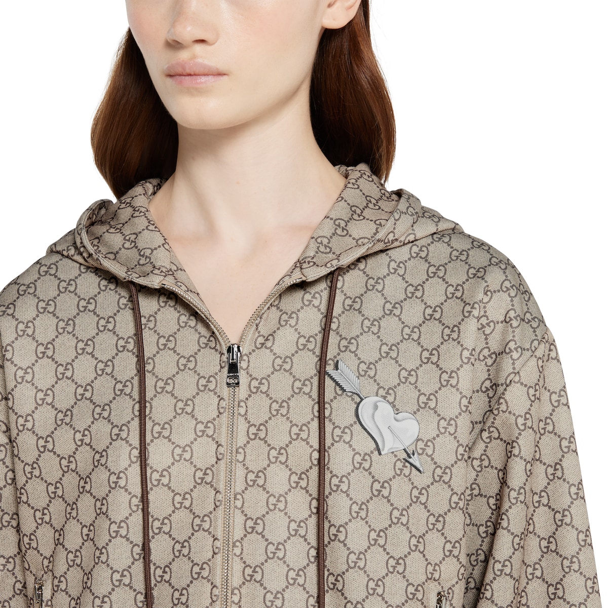 Printed technical jersey zip jacket in beige and dark brown Printed technical jersey zip jacket in beige and dark brown