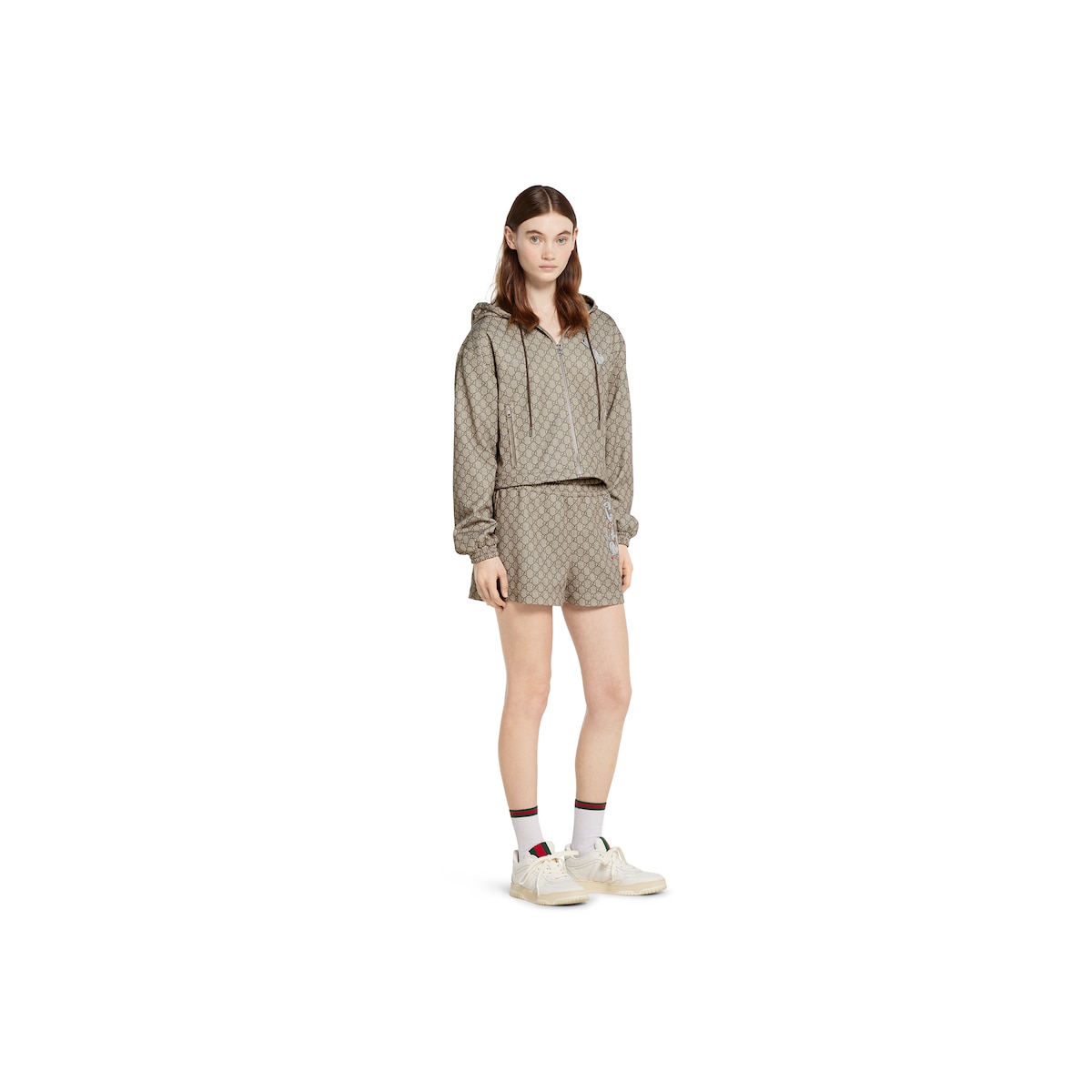 Printed technical jersey zip jacket in beige and dark brown Printed technical jersey zip jacket in beige and dark brown