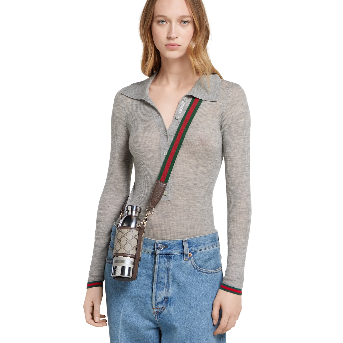 Steel bottle with fabric holder in silver, beige and brown | GUCCI® US