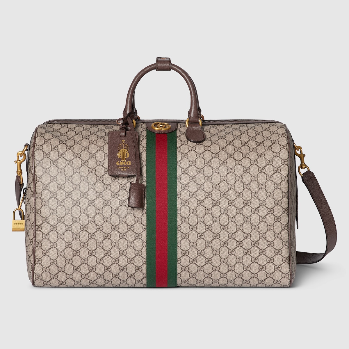 Gucci Savoy large duffle bag in beige and dark brown fabric | GUCCI® AE