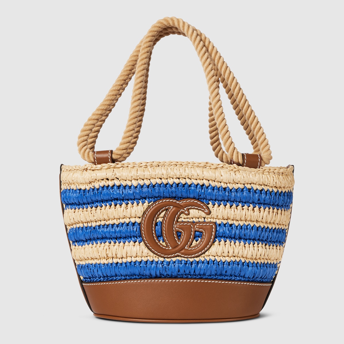 Woven mini bucket bag in blue and natural raffia effect | GUCCI® Canada
