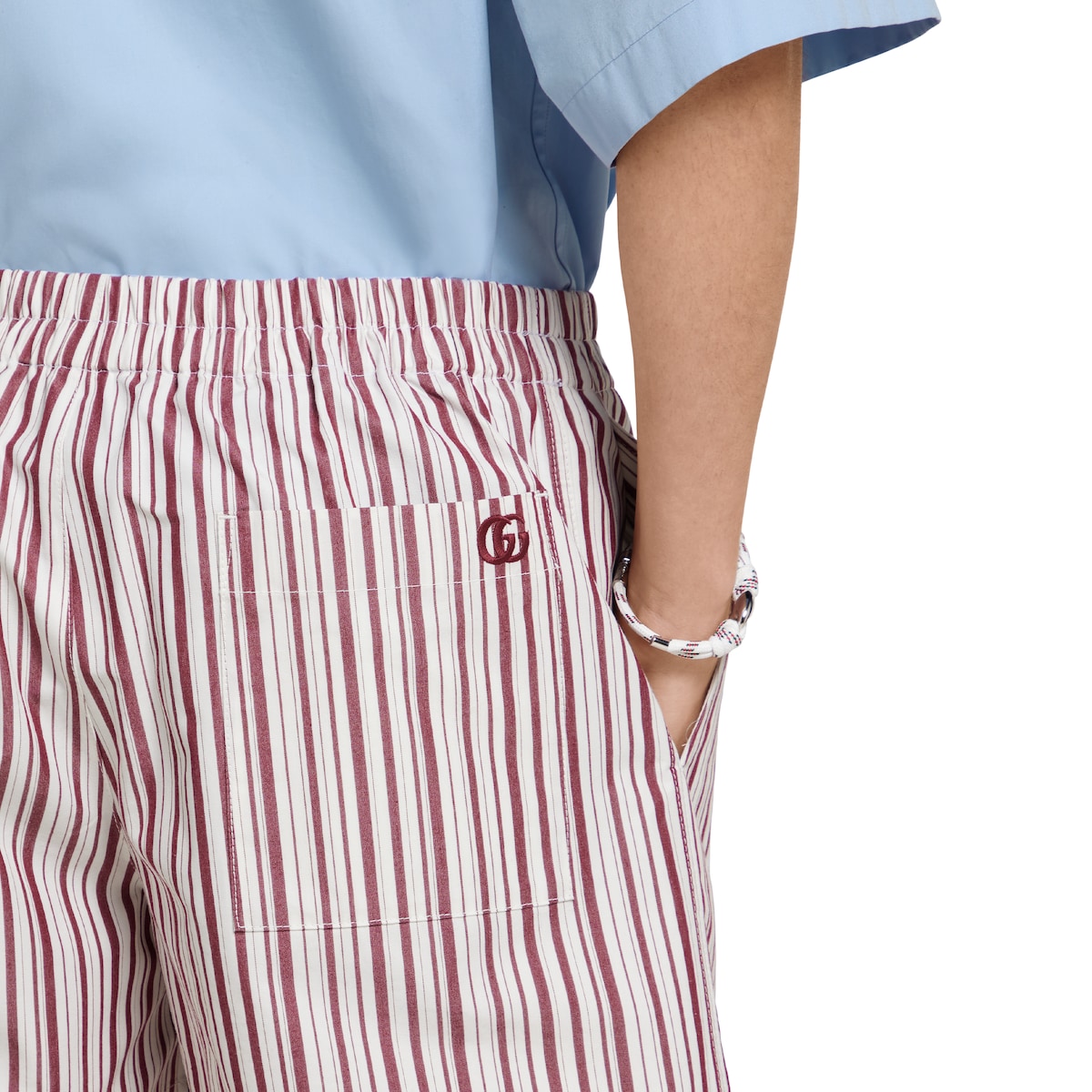 Striped cotton shorts with embroidery in white and Gucci Rosso Ancora ...