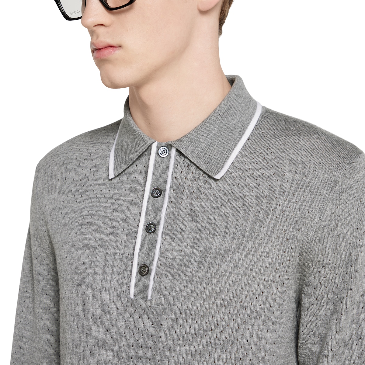 Polo in maglia di lana fine con intarsio in grigio | GUCCI® IT