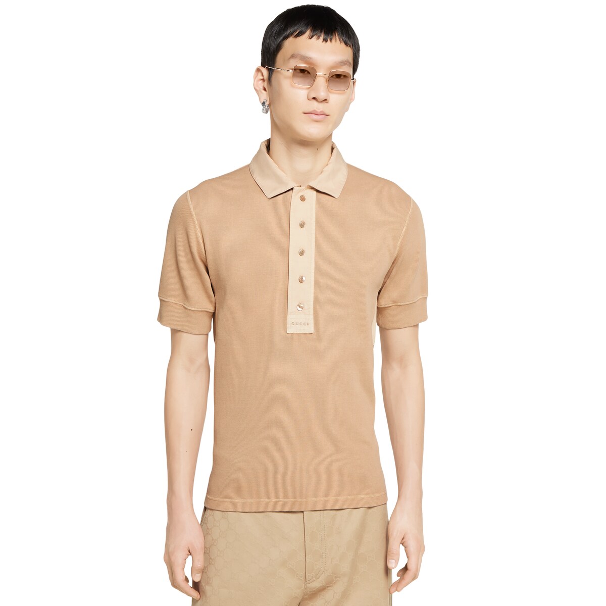 Rib cotton polo T-shirt with embroidery in beige | GUCCI® UK