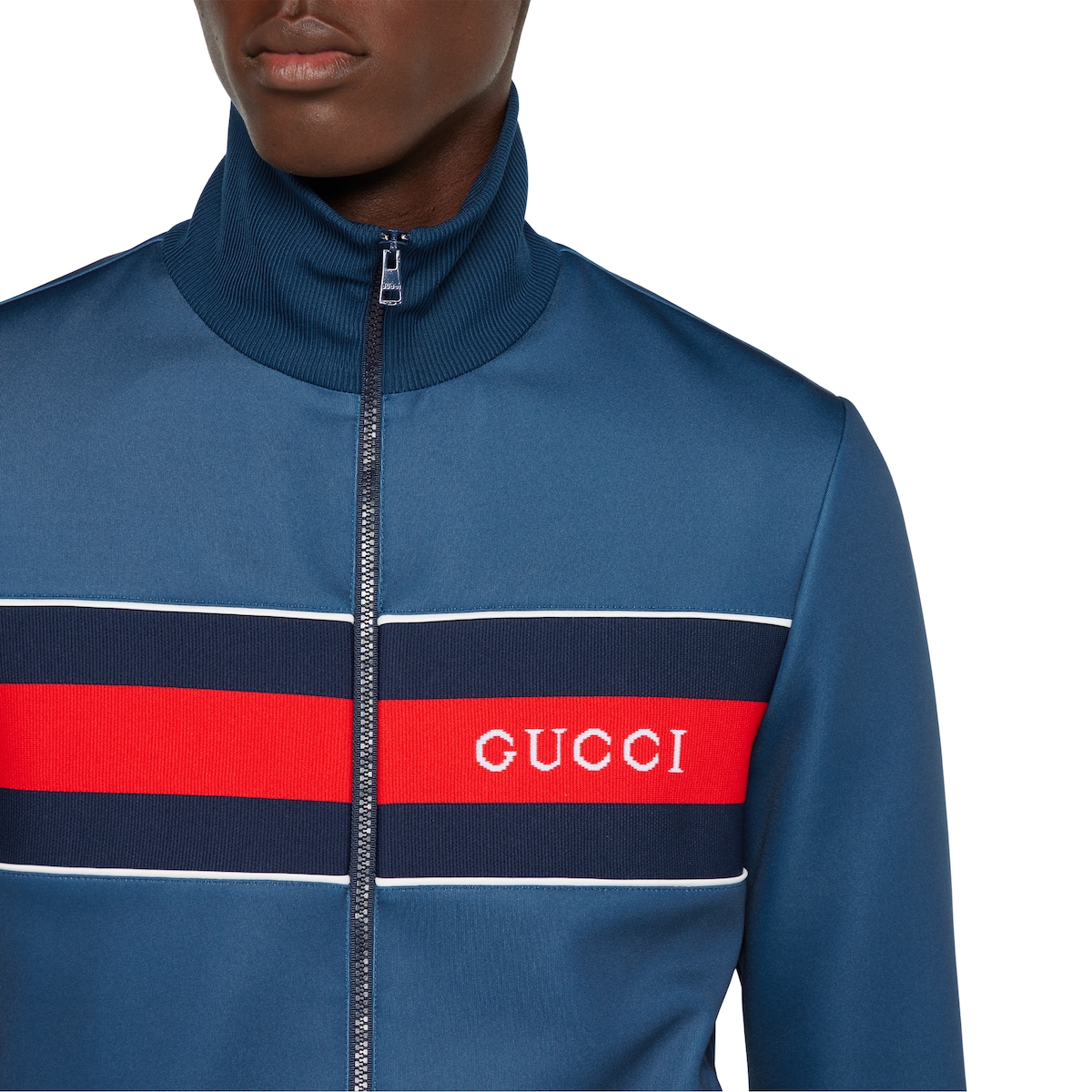 Neoprene zipped jacket with Web in dark blue | GUCCI® CA