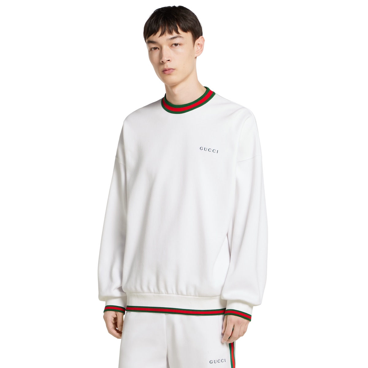 Cotton piquet sweatshirt with Web in white | GUCCI® US