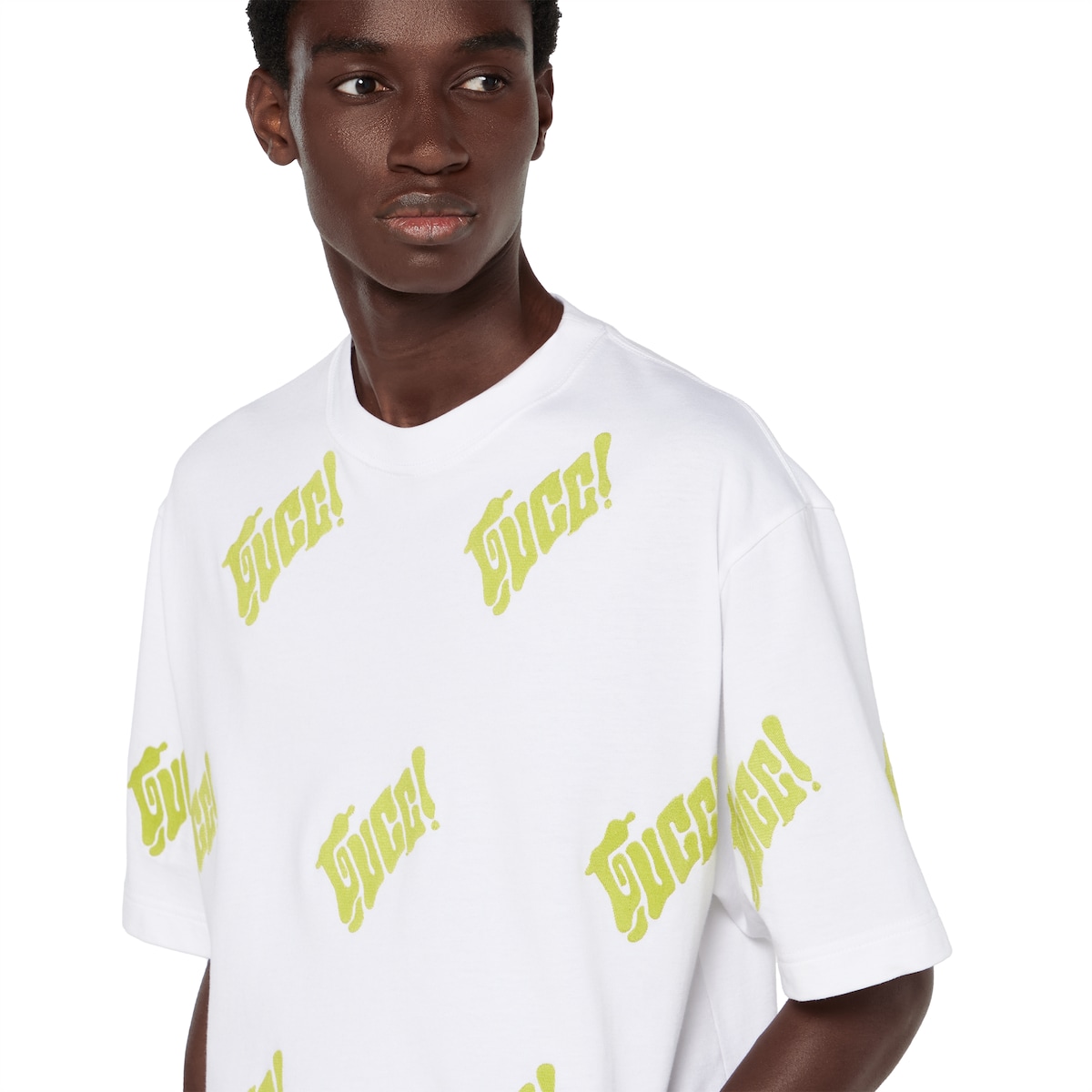 Embroidered cotton jersey T-shirt in white and lime green | GUCCI® US