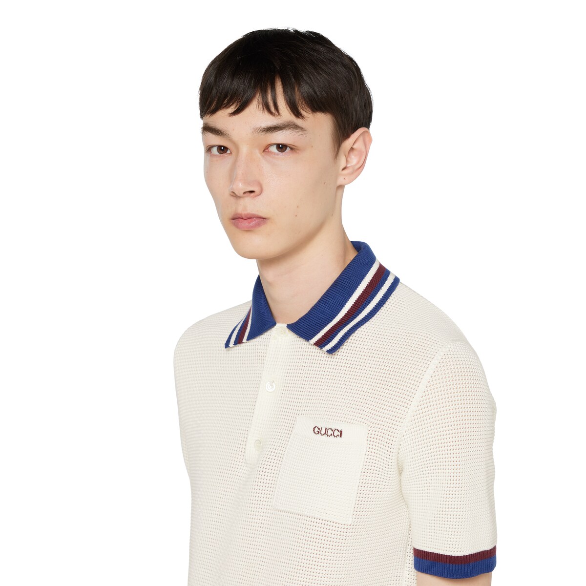 Cotton piquet polo shirt with intarsia in ivory and blue | GUCCI® UK