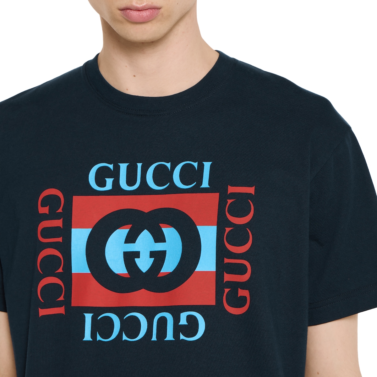 Camiseta de punto de algodón estampado en azul marino | GUCCI® ES