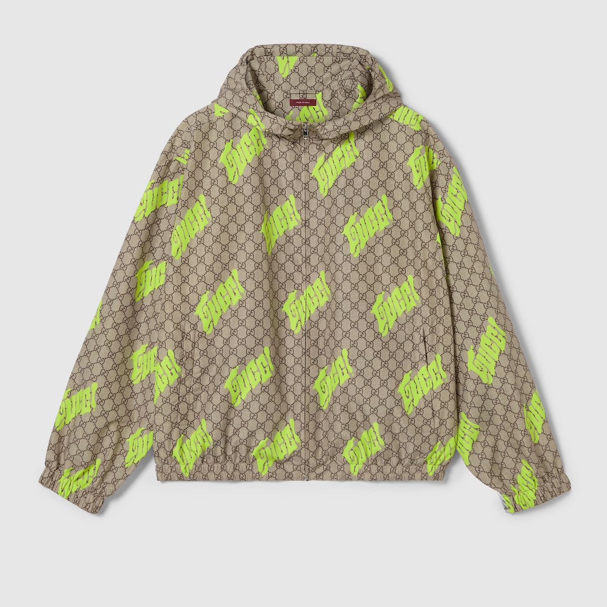 Printed poplin tech zip jacket in beige, brown and lime green | GUCCI® UK