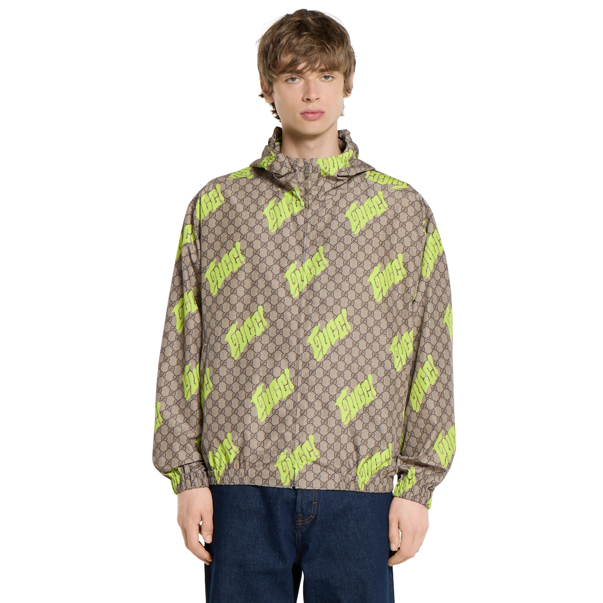 Printed poplin tech zip jacket in beige, brown and lime green | GUCCI® UK
