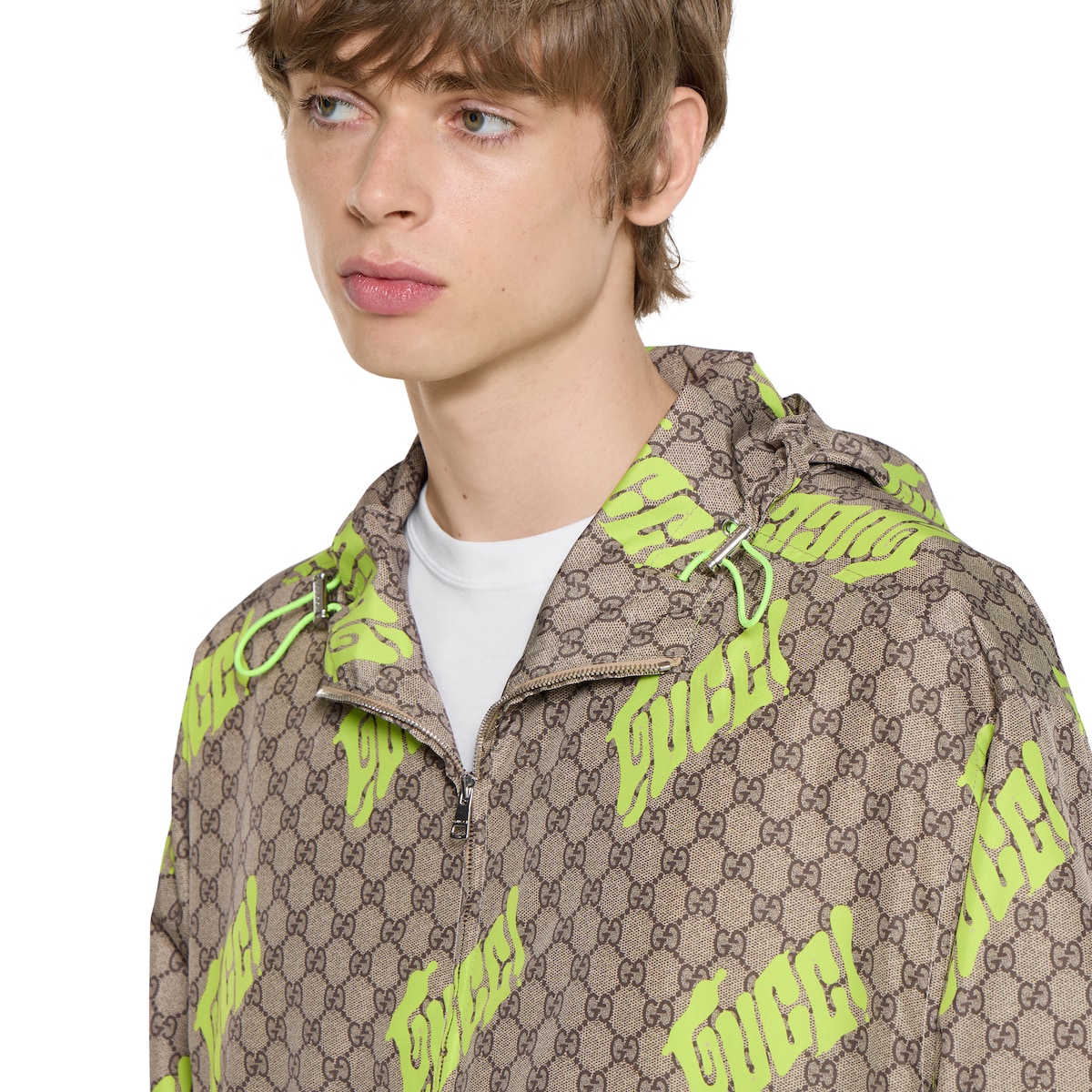 Printed poplin tech zip jacket in beige, brown and lime green | GUCCI® UK