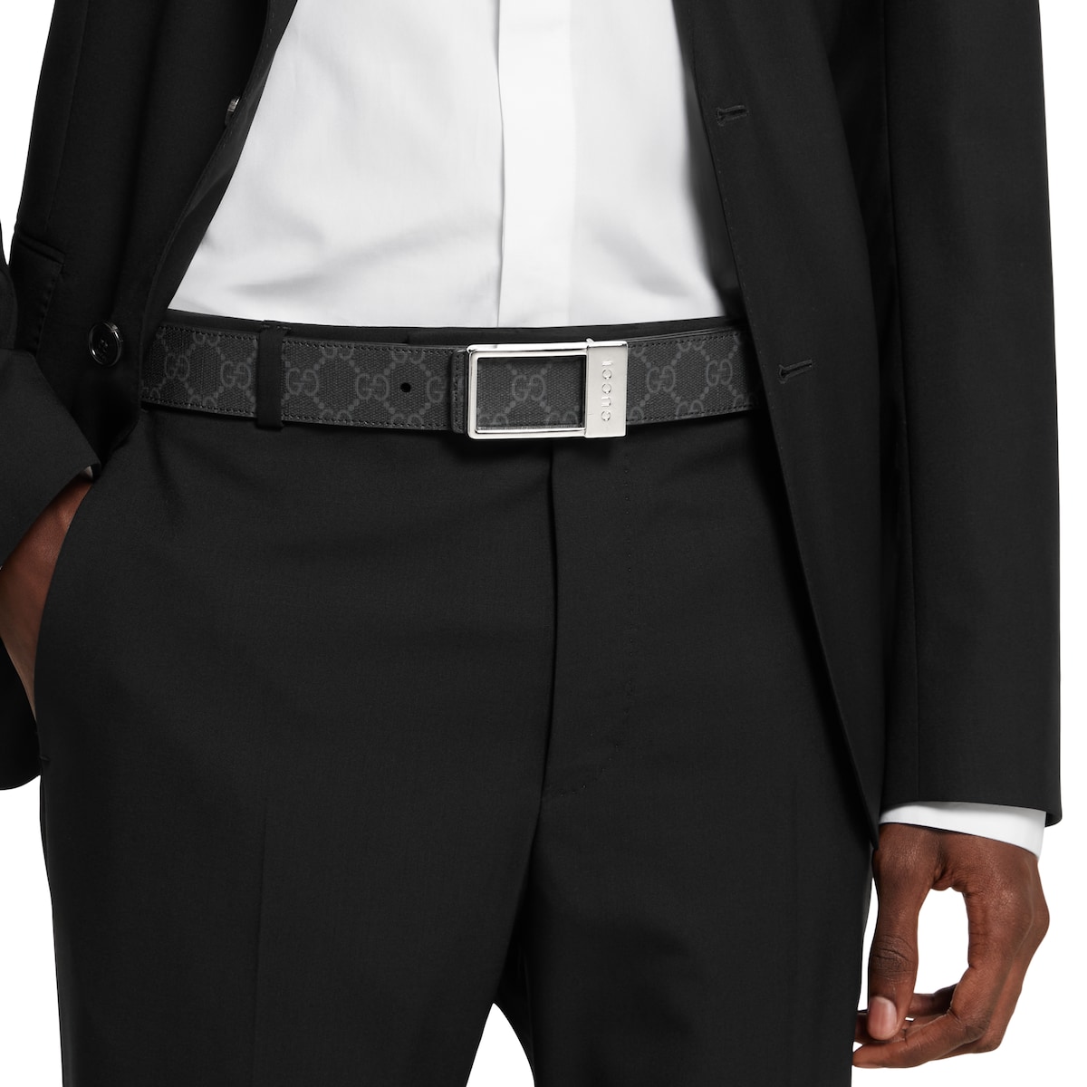 Reversible belt with rectangular buckle in black GG Supreme and leather ...