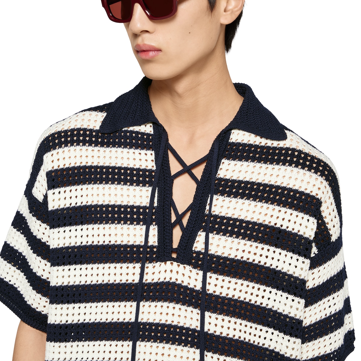Striped cotton knit polo shirt in dark blue and white | GUCCI® US