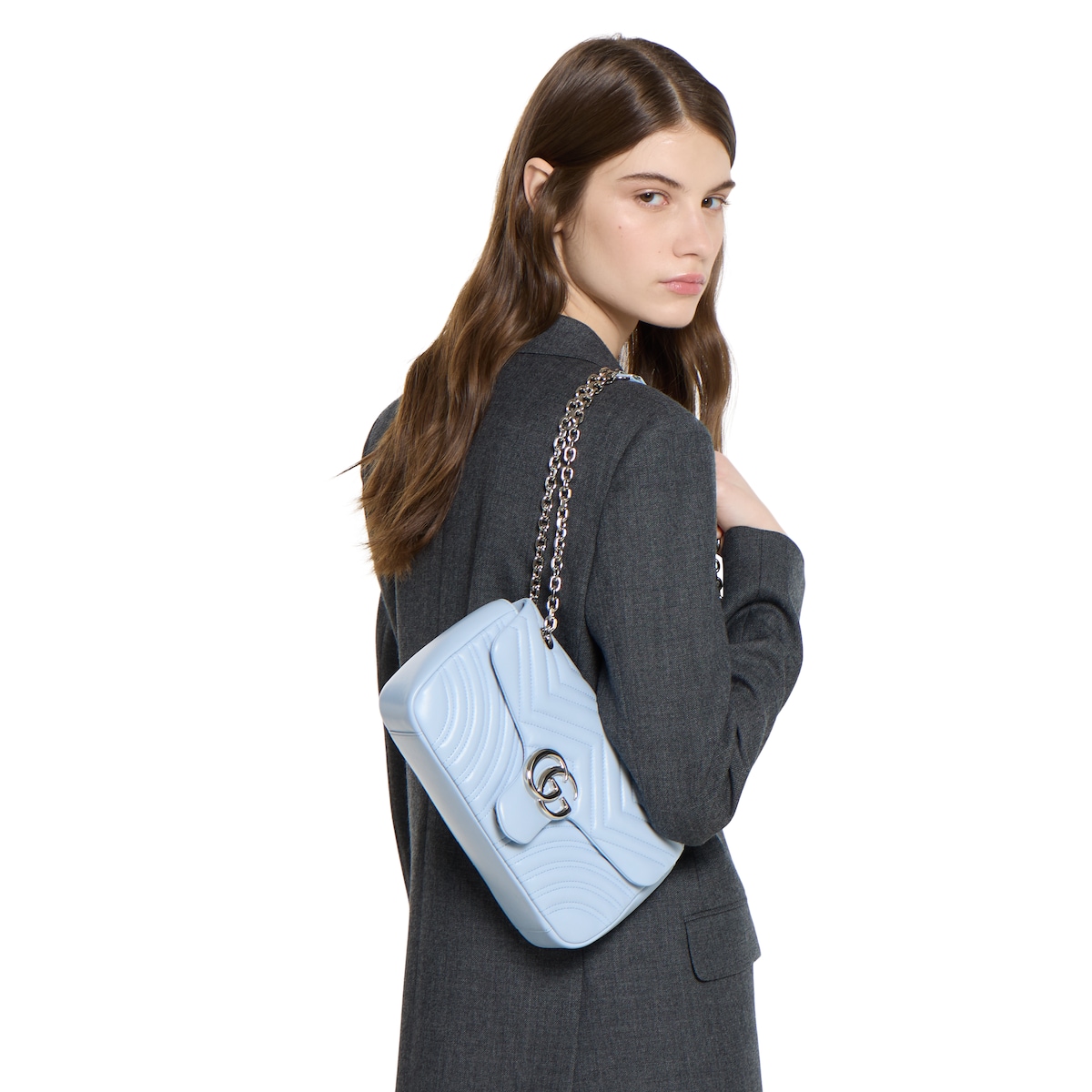 GG Marmont medium shoulder bag in light blue leather | GUCCI® US