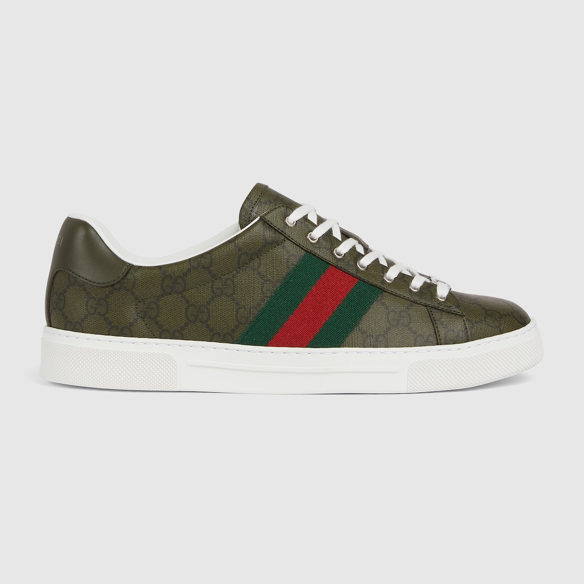 Zapatilla Gucci Ace con tribanda Web hombre en GG Supreme verde oscuro | GUCCI® ES