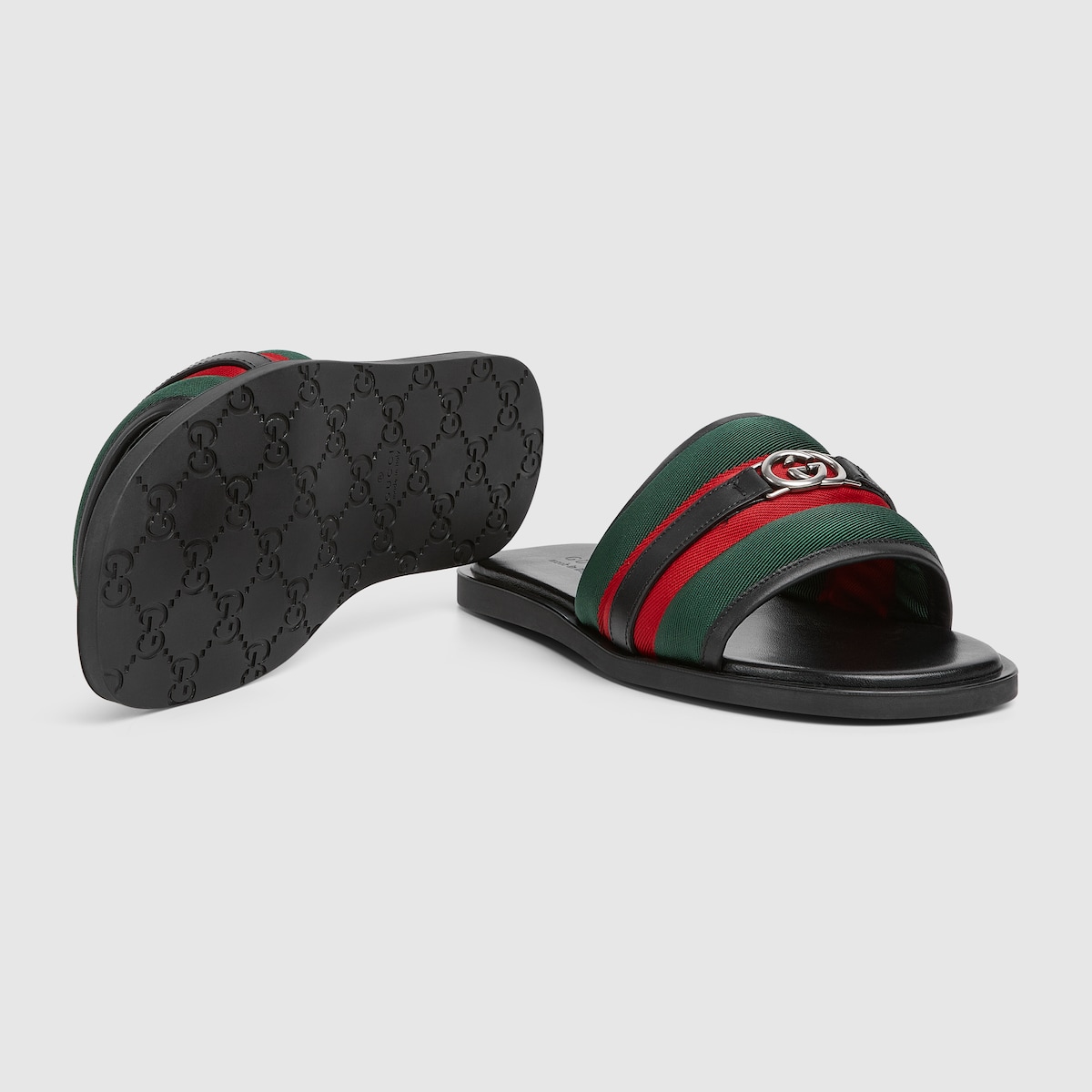 Men's slide sandal with Interlocking G in green and red nylon | GUCCI® US