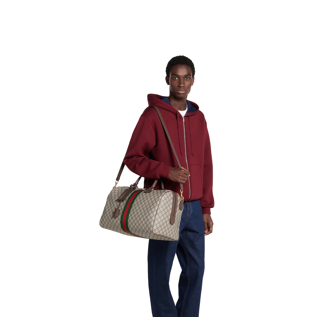 Gucci Savoy medium duffle bag in beige and dark brown fabric | GUCCI® AE