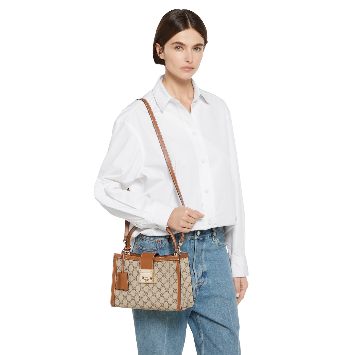 Padlock medium top handle bag in beige and brown GG fabric | GUCCI ...