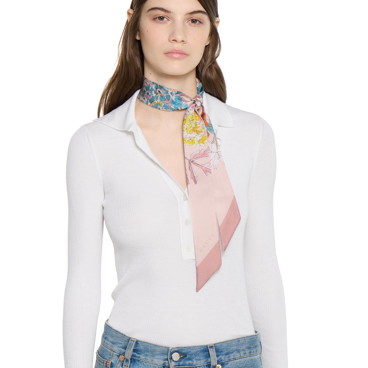 Printed silk twill neck bow in light pink and pink | GUCCI® US