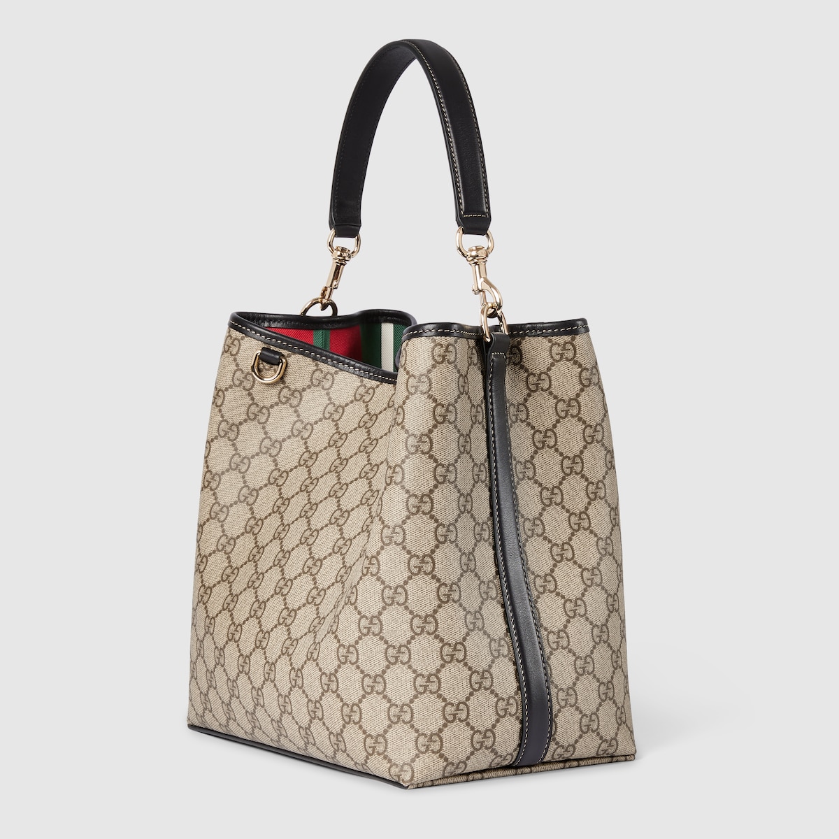 GG Emblem medium bucket bag in beige and dark brown fabric | GUCCI® US