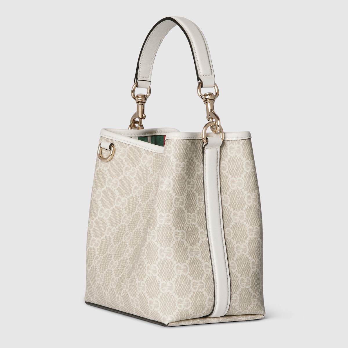 GG Emblem small bucket bag in beige and white fabric | GUCCI® US