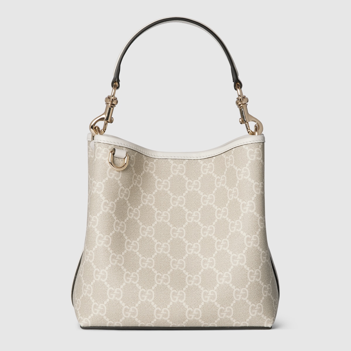 GG Emblem small bucket bag in beige and white fabric | GUCCI® US