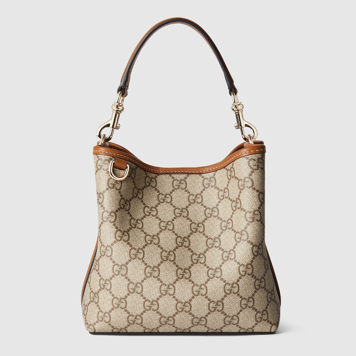 GG Emblem small bucket bag in beige and dark brown fabric | GUCCI® US