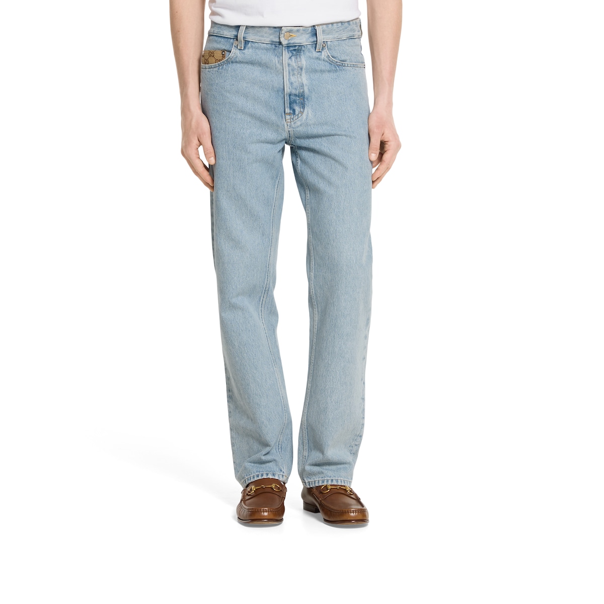 Pantalone in denim délavé con inserto GG in celeste | GUCCI® Italia