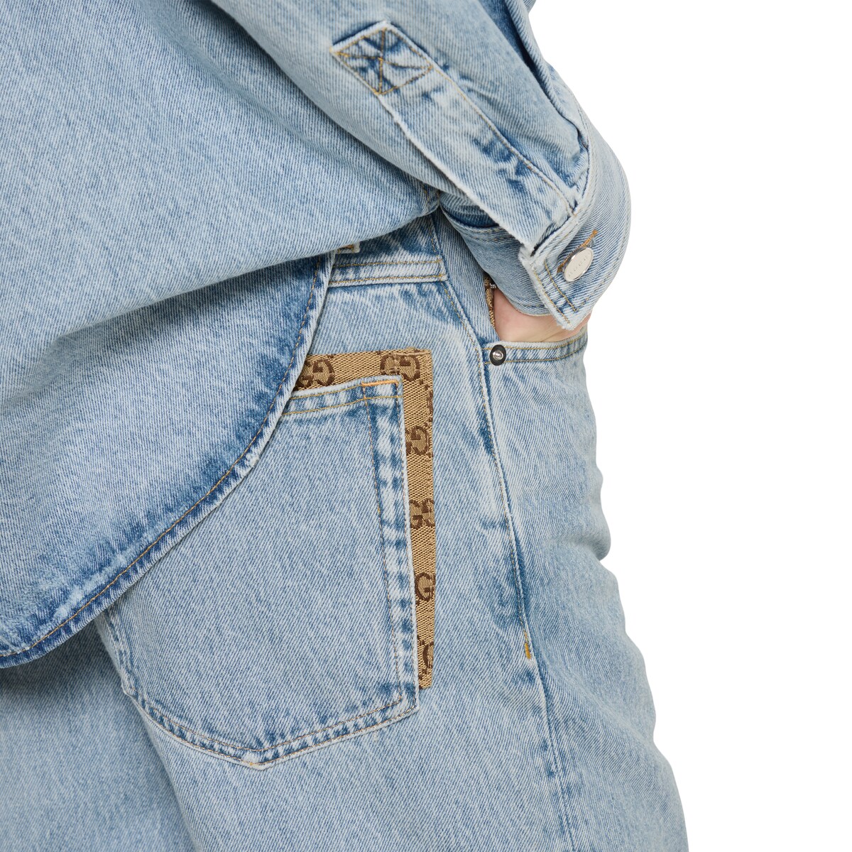 กางเกง Washed denim pant with GG insert inสีฟ้า | GUCCI® TH