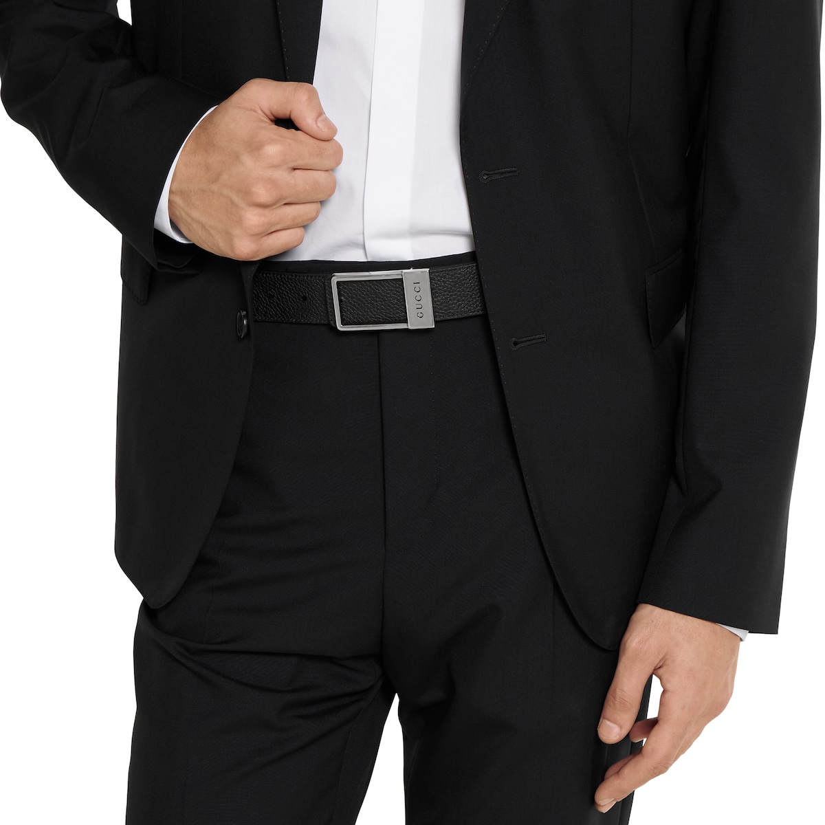 Reversible belt with rectangular buckle in black GG leather and leather ...