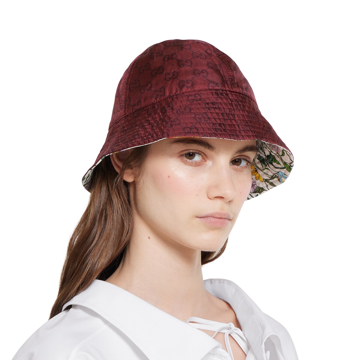 Reversible printed silk bucket hat in white | GUCCI® US