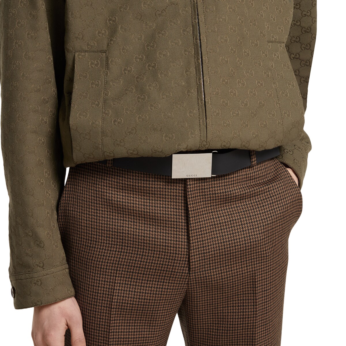 Belt with rectangular buckle in black leather | GUCCI® IE
