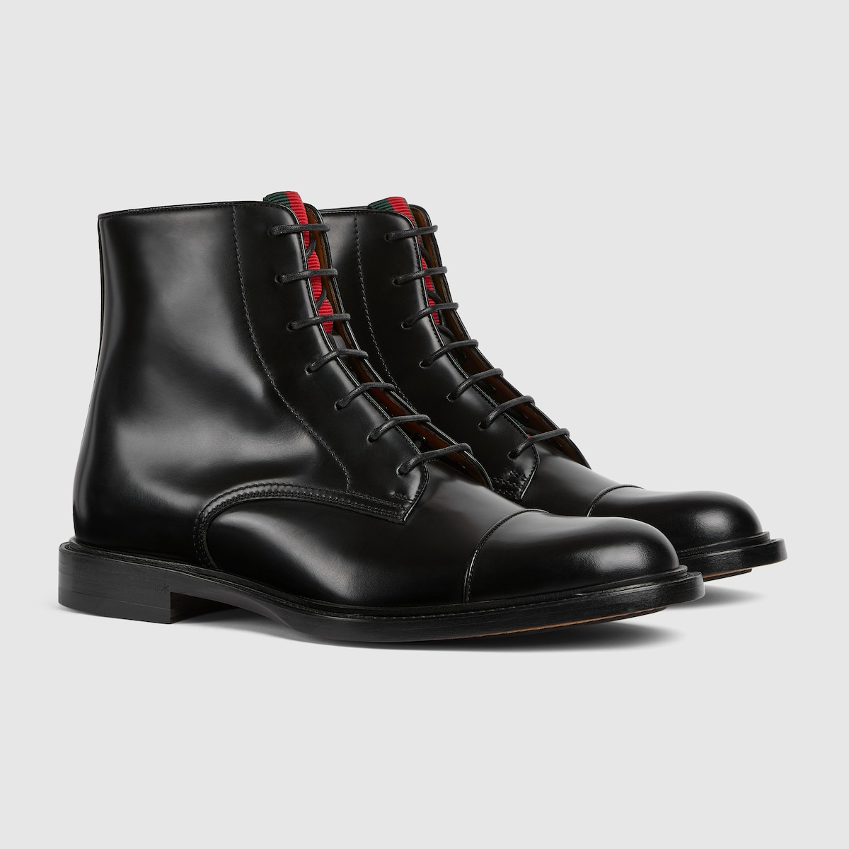 Men's lace-up boot with Web in black shiny leather | GUCCI® ZA