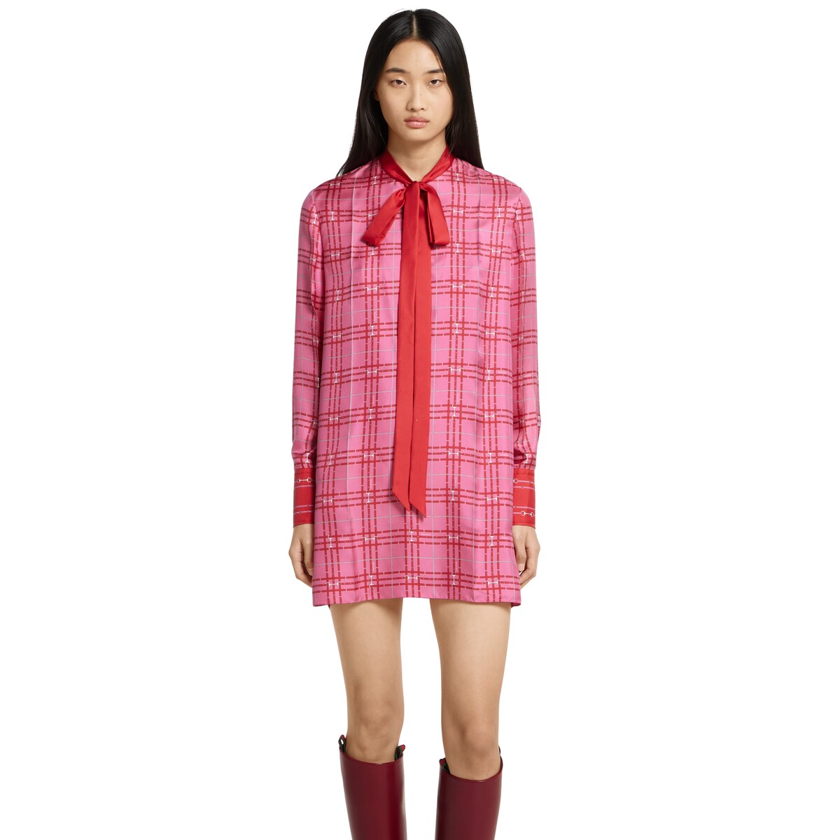Printed silk twill dress in pink and rosso ancora red | GUCCI® US