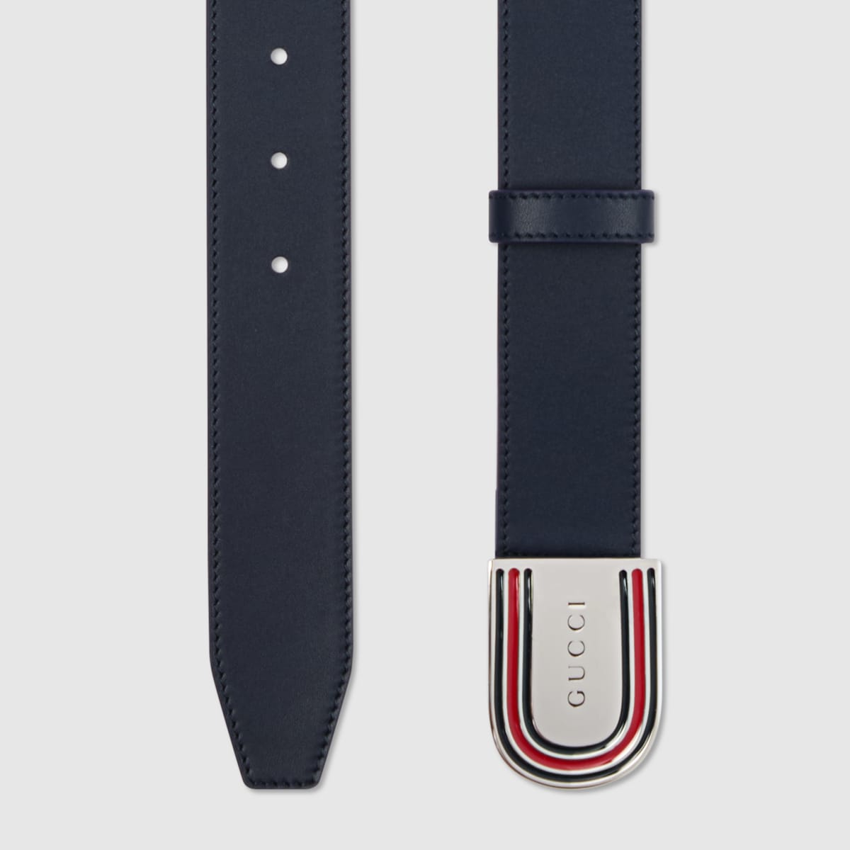 Belt with enameled Web detail buckle in dark blue leather | GUCCI® NZ