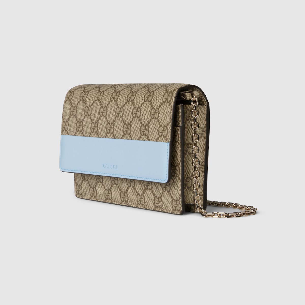 GG Emblem wallet on chain in light blue leather | GUCCI® Australia
