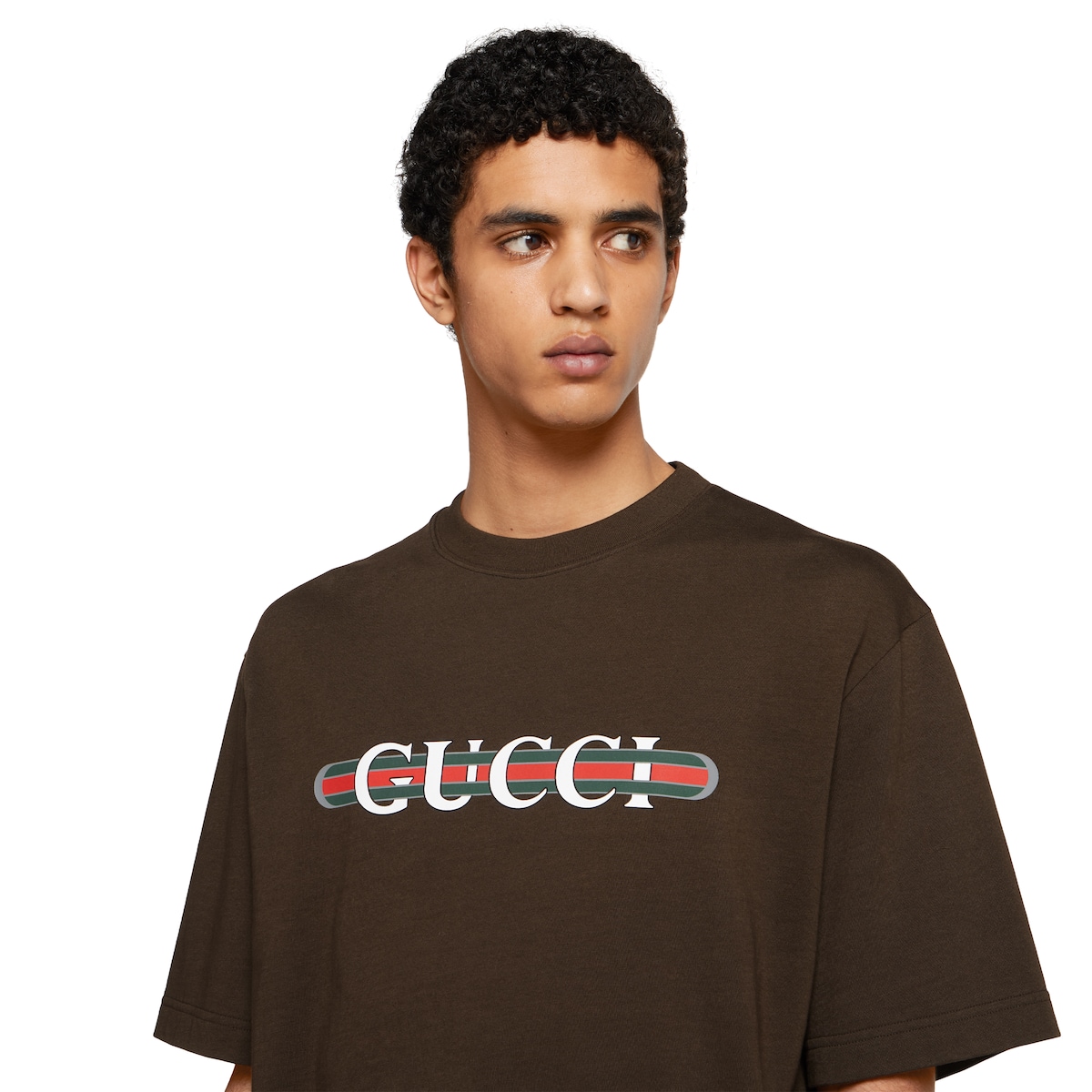 Printed cotton jersey T-shirt in brown | GUCCI® ES