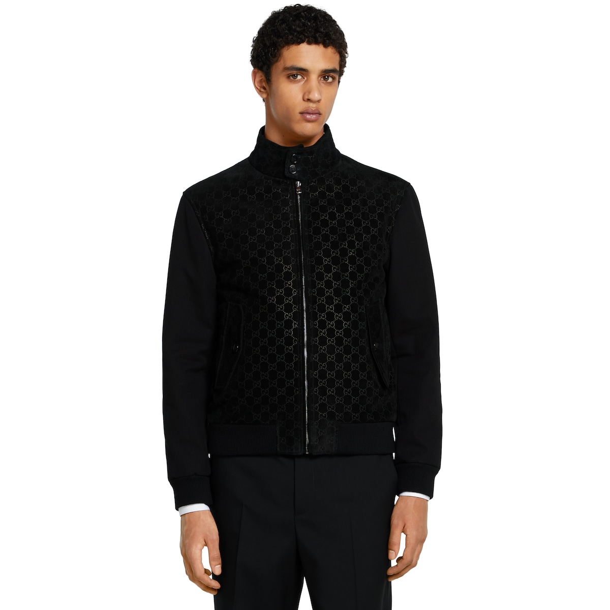 Embossed GG suede bomber jacket in black | GUCCI® US