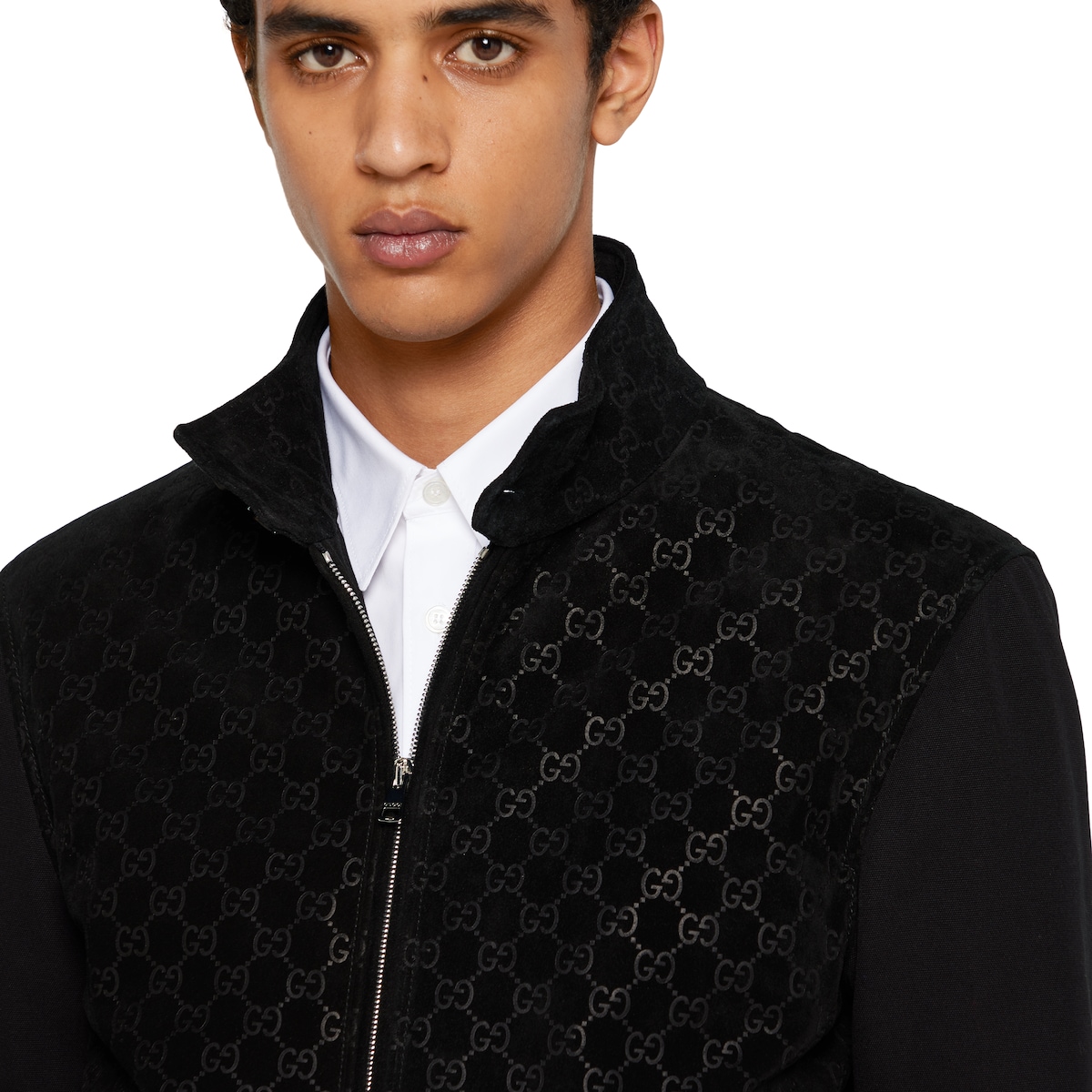 Embossed GG suede bomber jacket in black | GUCCI® US
