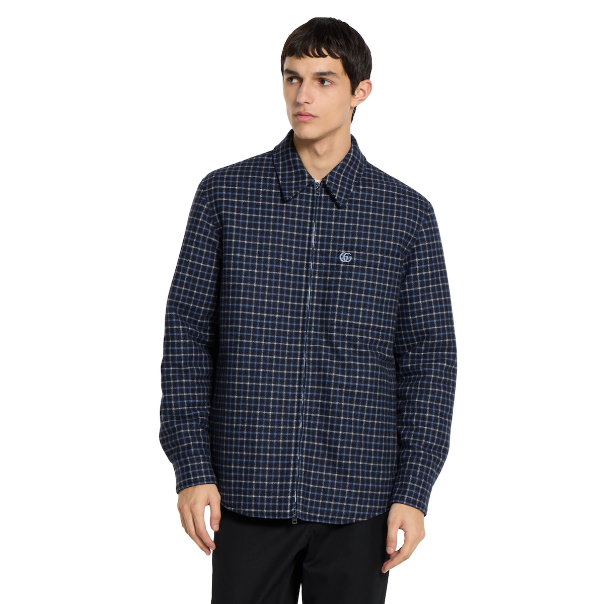 Wool flannel zip jacket with embroidery in dark blue and white | GUCCI® CA