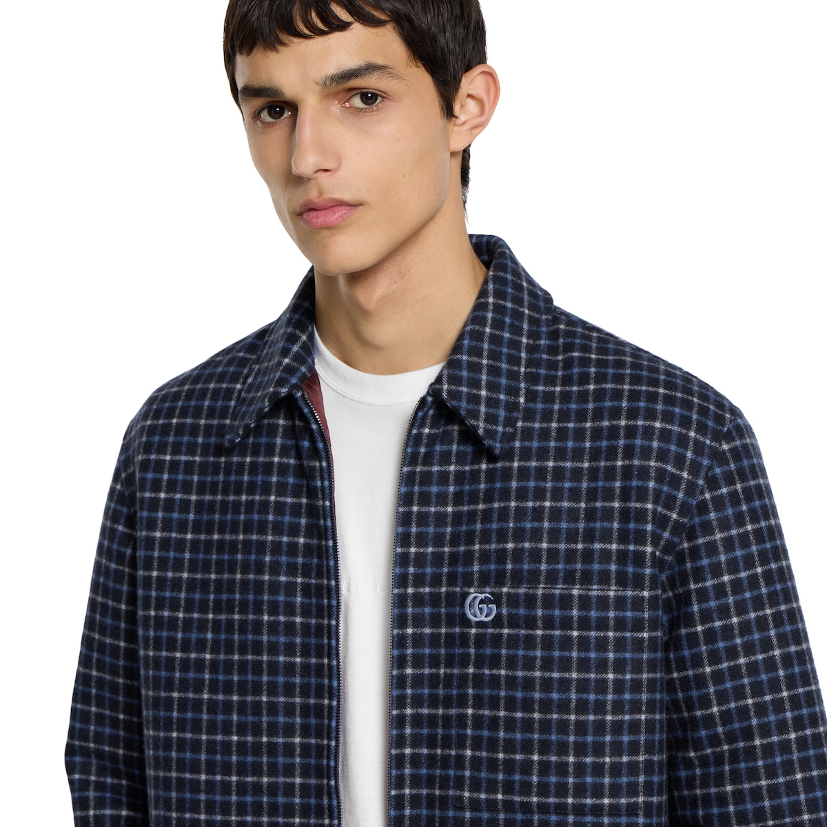 Wool flannel zip jacket with embroidery in dark blue and white | GUCCI® CA