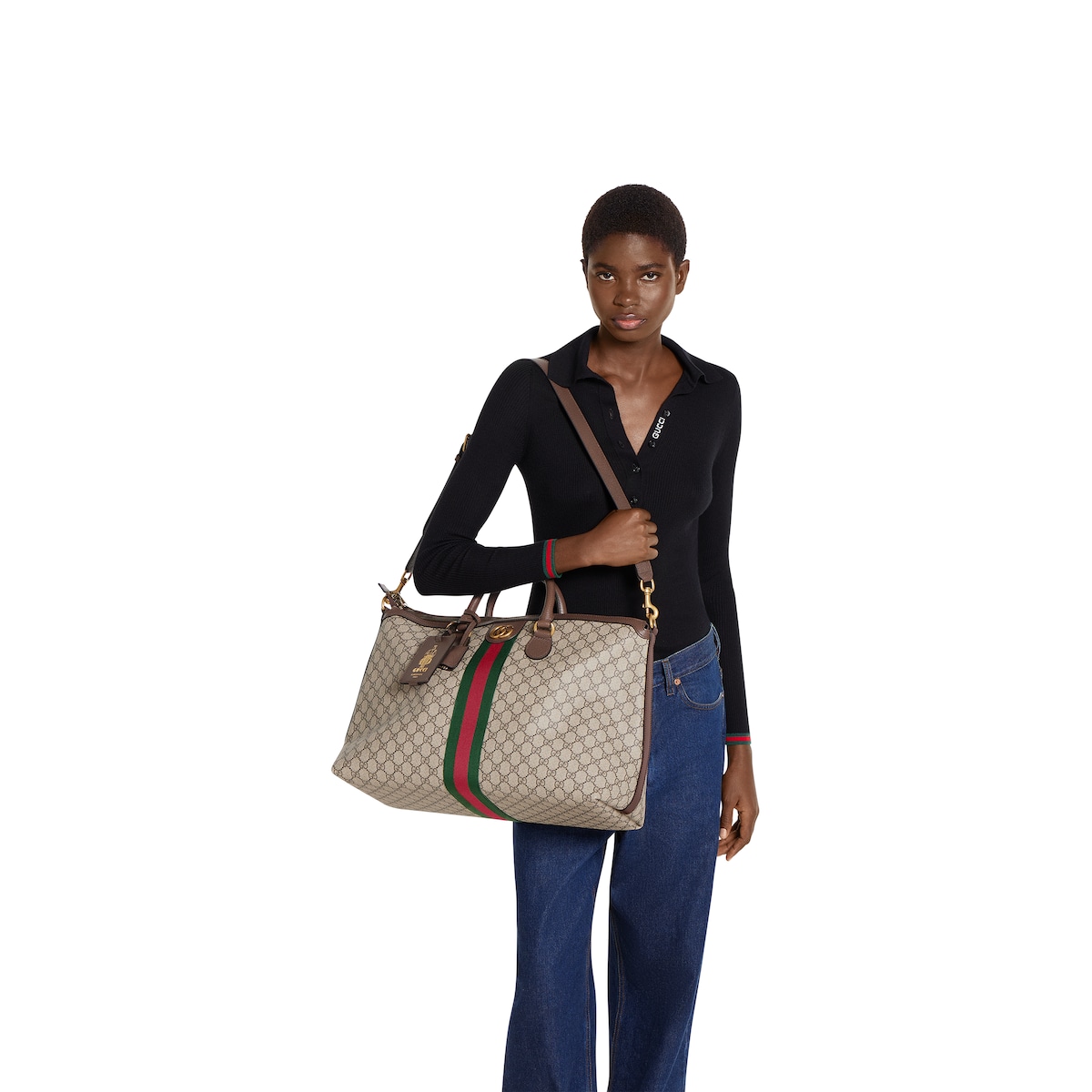 Gucci Savoy medium duffle bag in beige and dark brown fabric | GUCCI® US