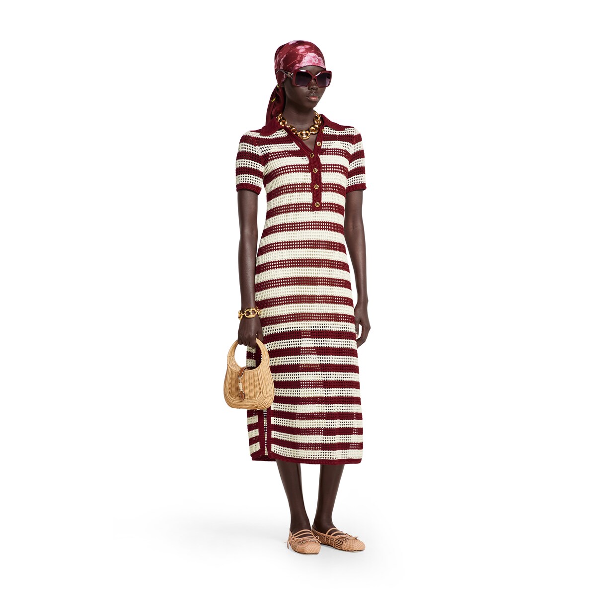 Striped cotton cable knit dress in rosso ancora red and white | GUCCI® US