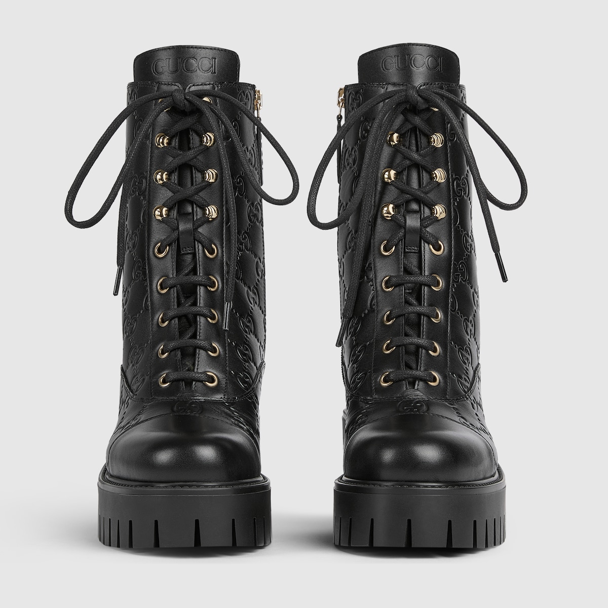 Women's lace-up ankle boot with GG in black GG leather | GUCCI® HU