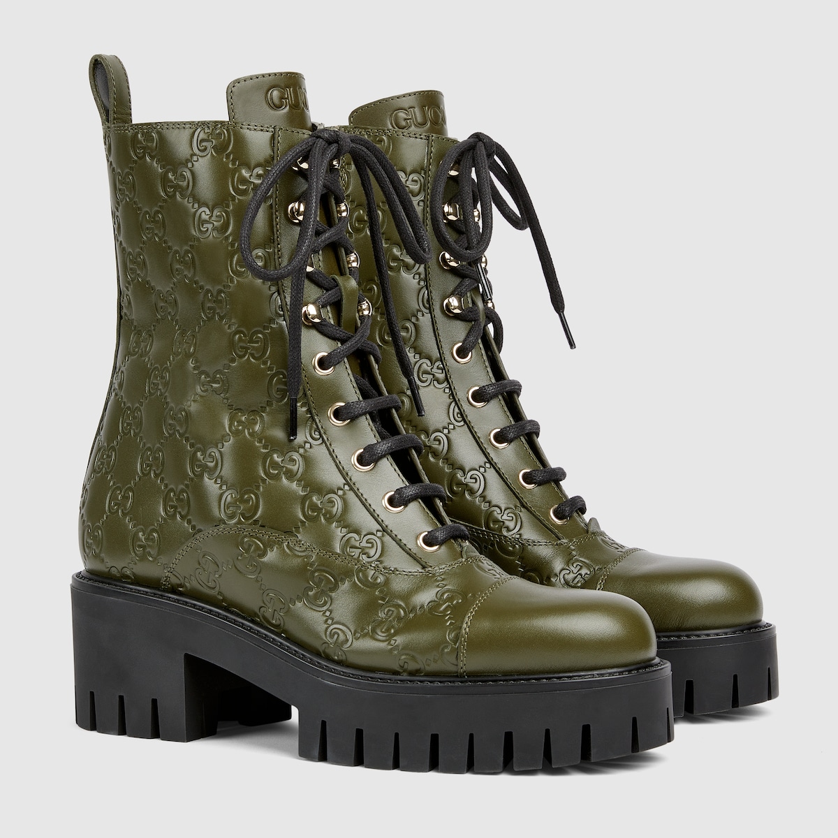 Bottines à lacets avec détail GG pour femme en cuir GG vert foncé ...