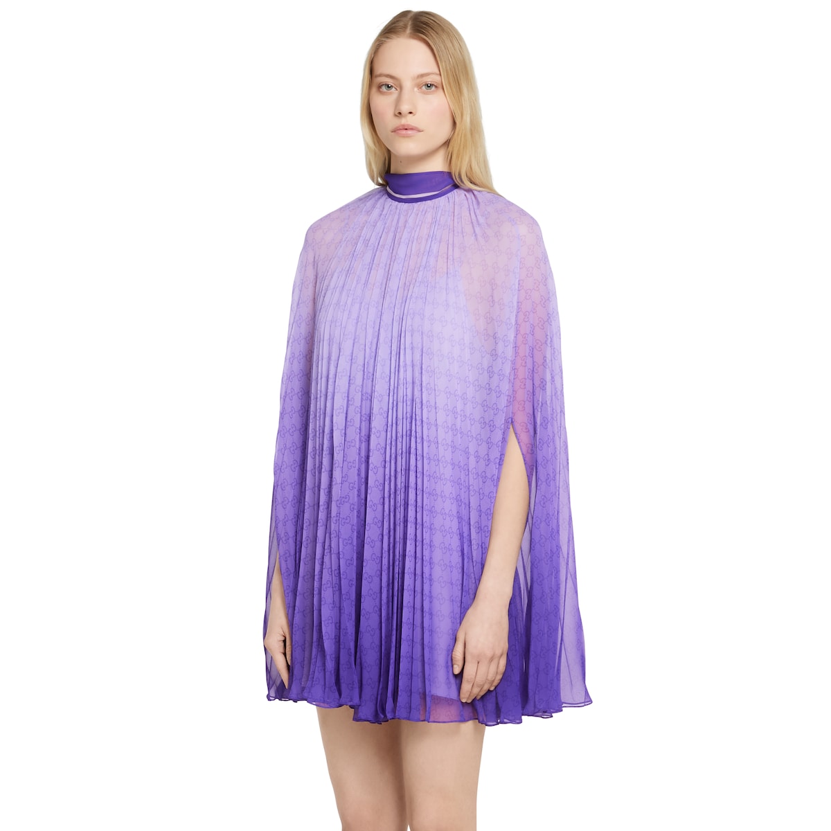 Printed georgette pleated dress in lilac and purple | GUCCI® Australia