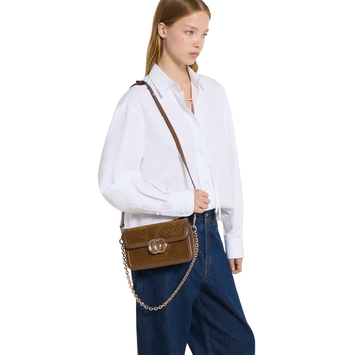 Gucci Go small shoulder bag in brown GG suede | GUCCI® UK