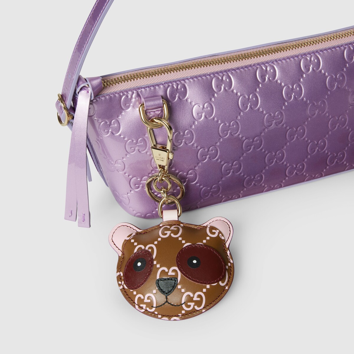 Panda-shaped bag charm in brown and pink canvas | GUCCI® CA